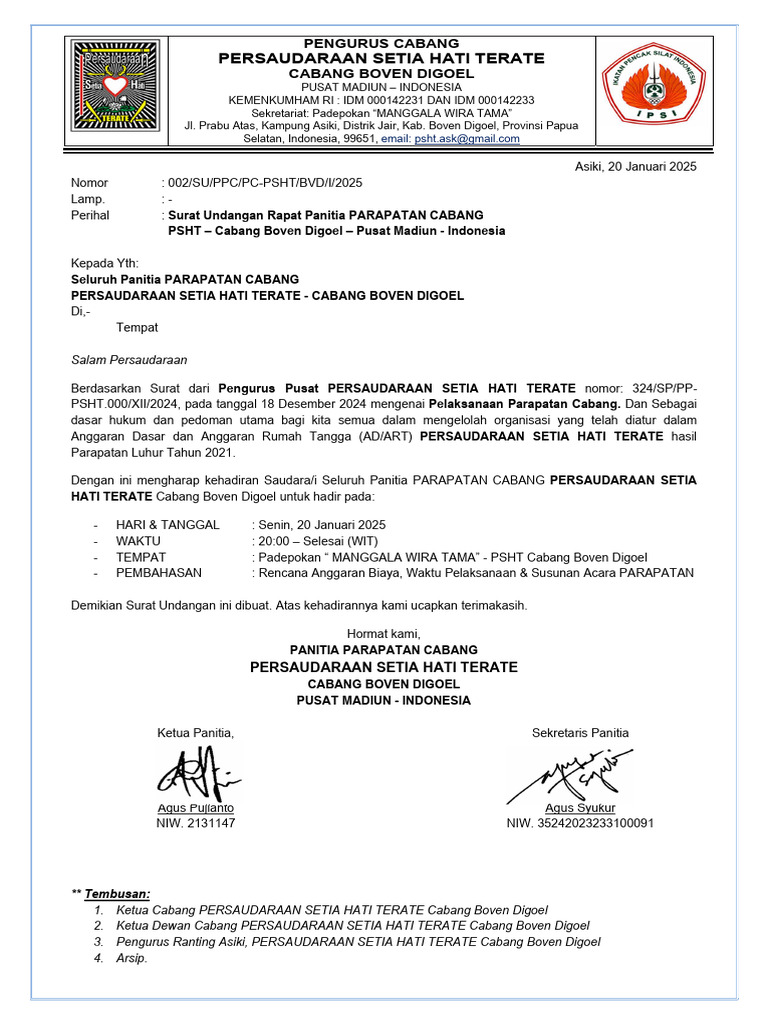 Surat Undangan Rapat PANITIA PARAPATAN CABANG - PSHT CAb. Boven Digoel ...