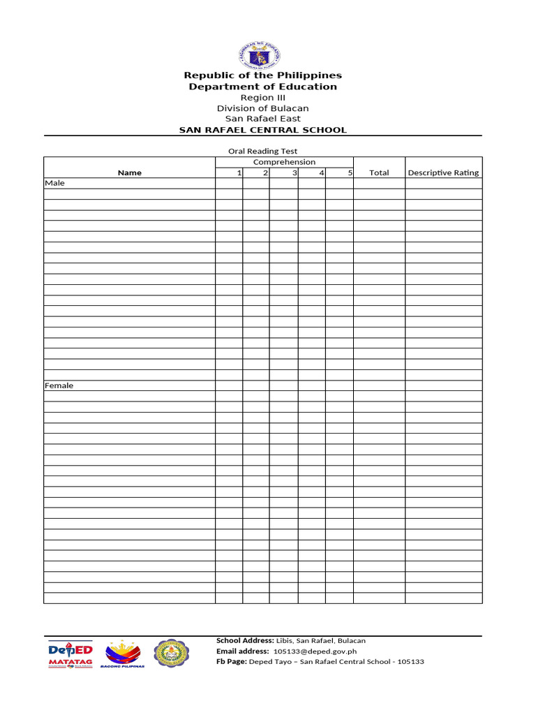 Oral Reading Test Score Sheet | PDF