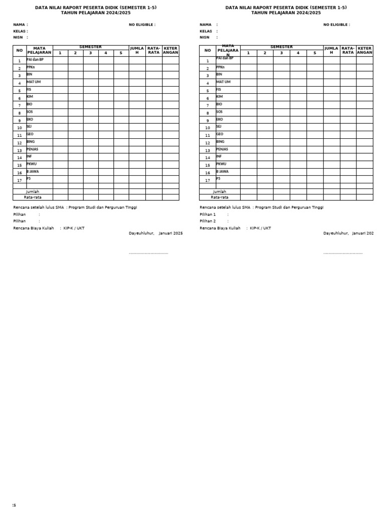Blanko Rekap Nilai Rapot - Nama - XII.F. | PDF