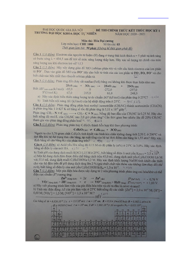 Đề thi Hóa đại cương kỳ 1 năm học 2020-2021 – HUS | PDF