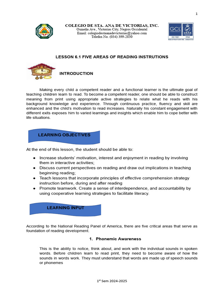 Lesson 6.1 Five Areas of Reading Instructionnn | PDF | Phonics ...