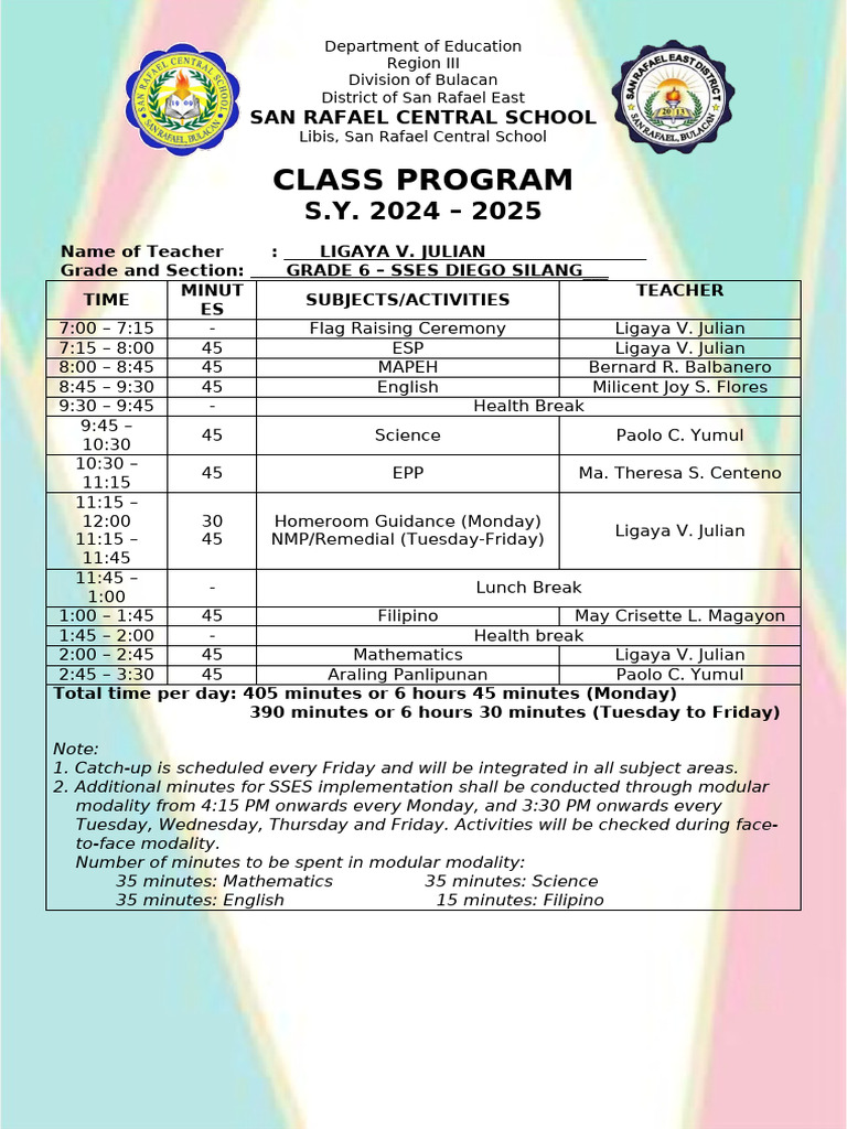 Grade 6 Class Program NEW 2024-2025_45mins (2) | PDF | Schools