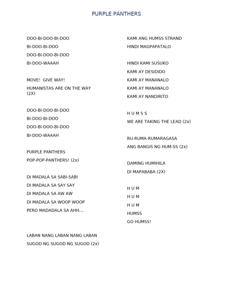 PURPLE PANTHERS CHANT (United Nation Cheering) | PDF