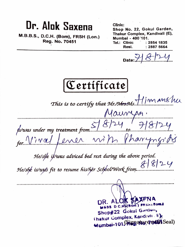 Medical Certificate by Dr. Alok Saxena | PDF