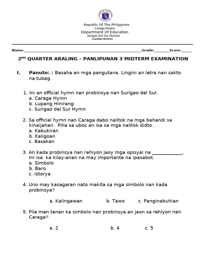 Grade 3 AP Midterm Copy 2nd Quart. | PDF