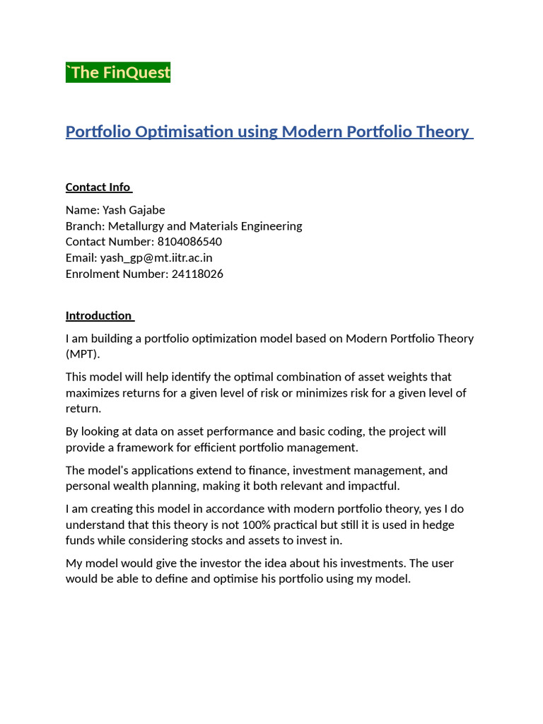Portfolio Optimization with MPT | PDF | Modern Portfolio Theory | Financial Risk