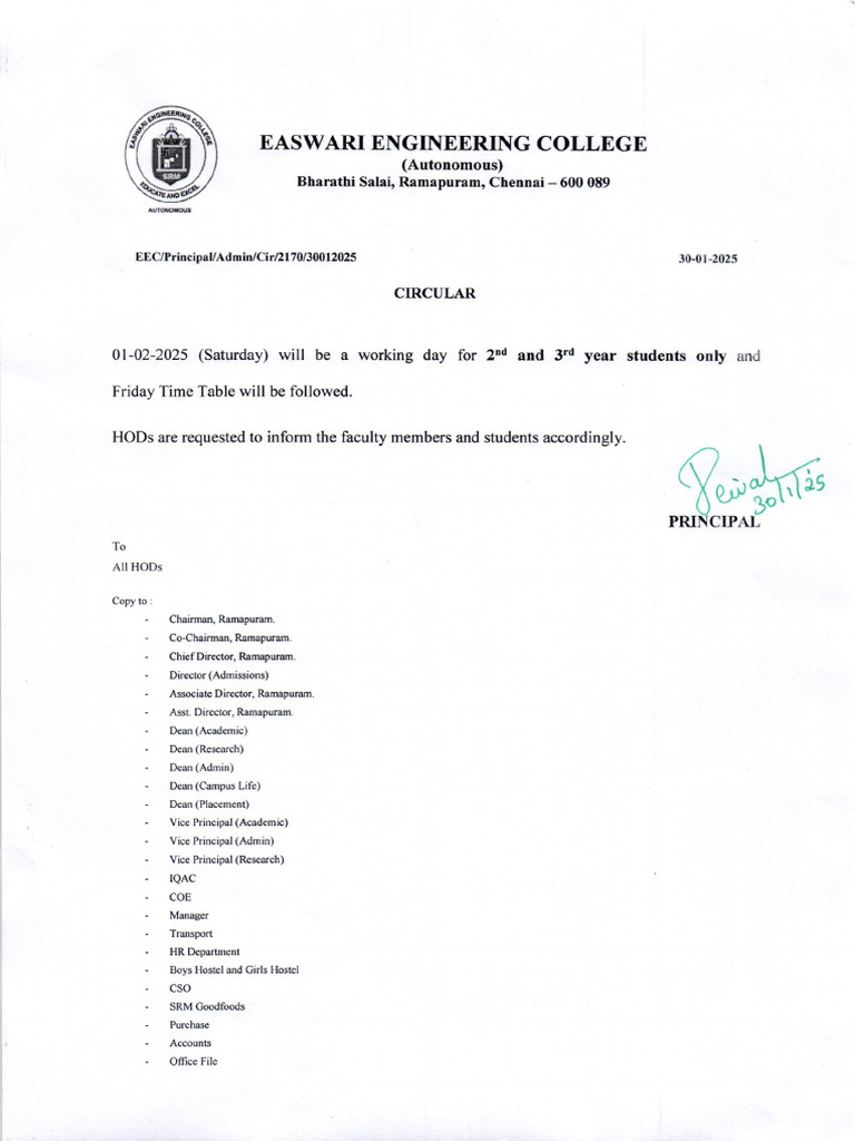 Circular - Saturday Working | PDF