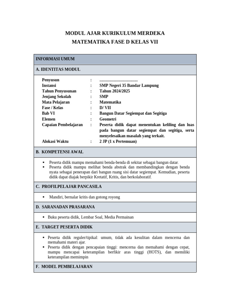 Modul Ajar Matematika Kelas VII Geometri | PDF