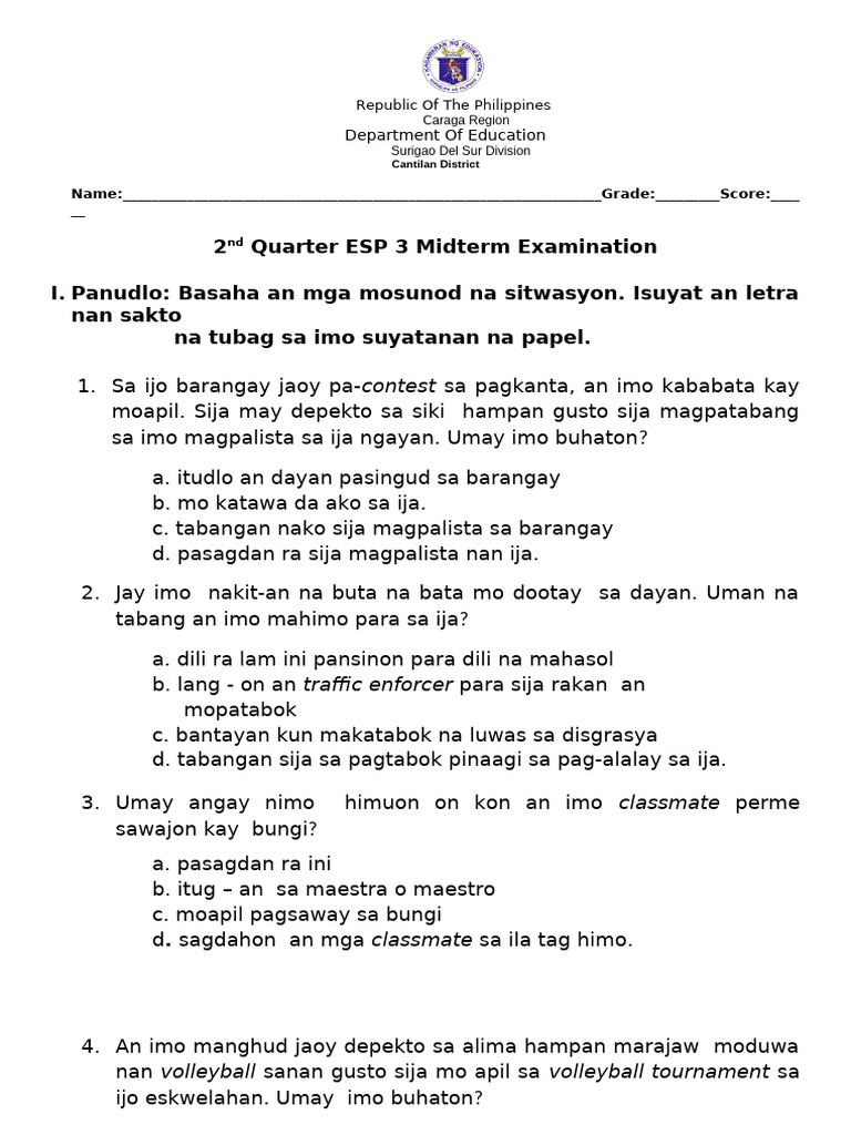 GRADE-3-ESP-MIDTERM | PDF