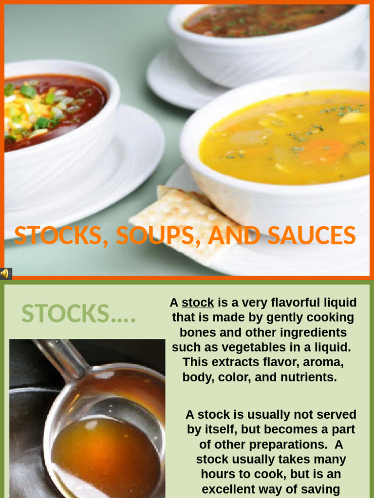 Stocks, Soups, and Sauces Overview | PDF | Stock (Food) | Sauce