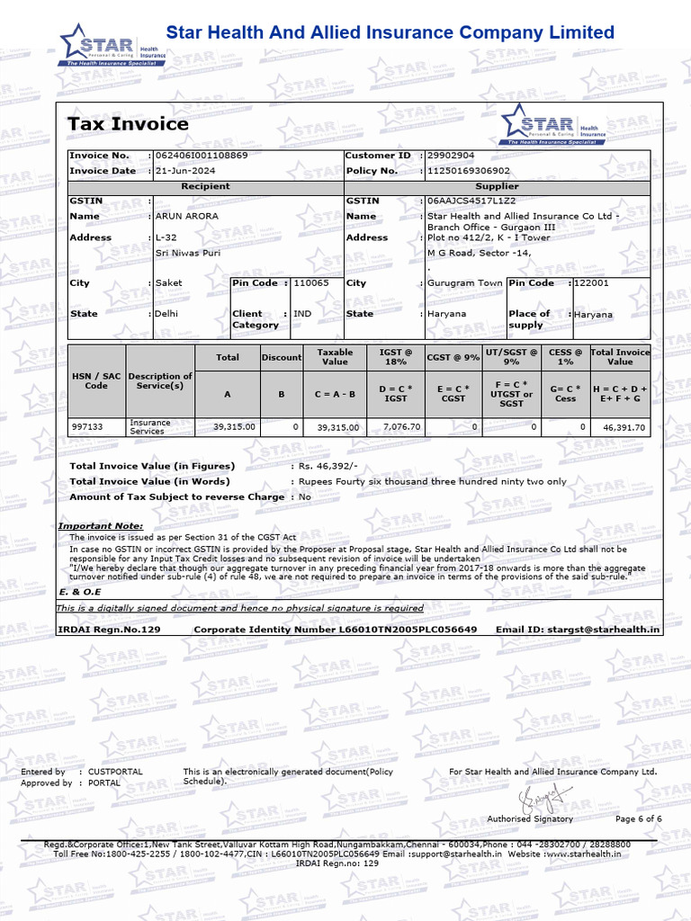 Star Health Insurance Tax Invoice 062406I | PDF | Invoice | Taxes
