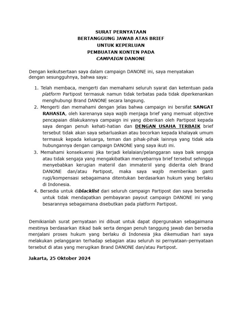 Surat Pernyataan - Danone Campaign | PDF