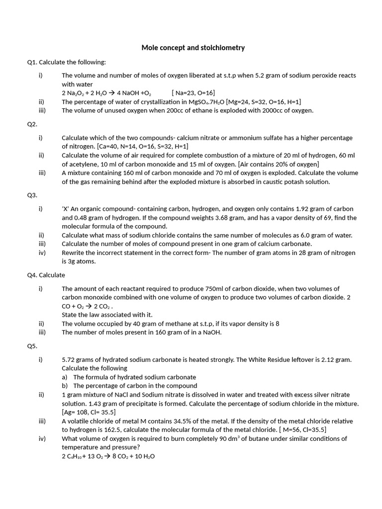 Practice Question-Mole Concept | PDF | Oxygen | Sodium