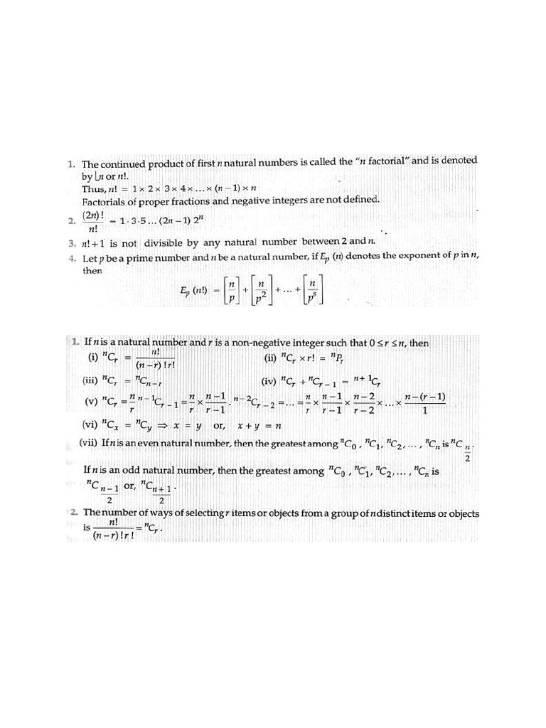 Class 11 Important Formulas Permutations and Combinations | PDF