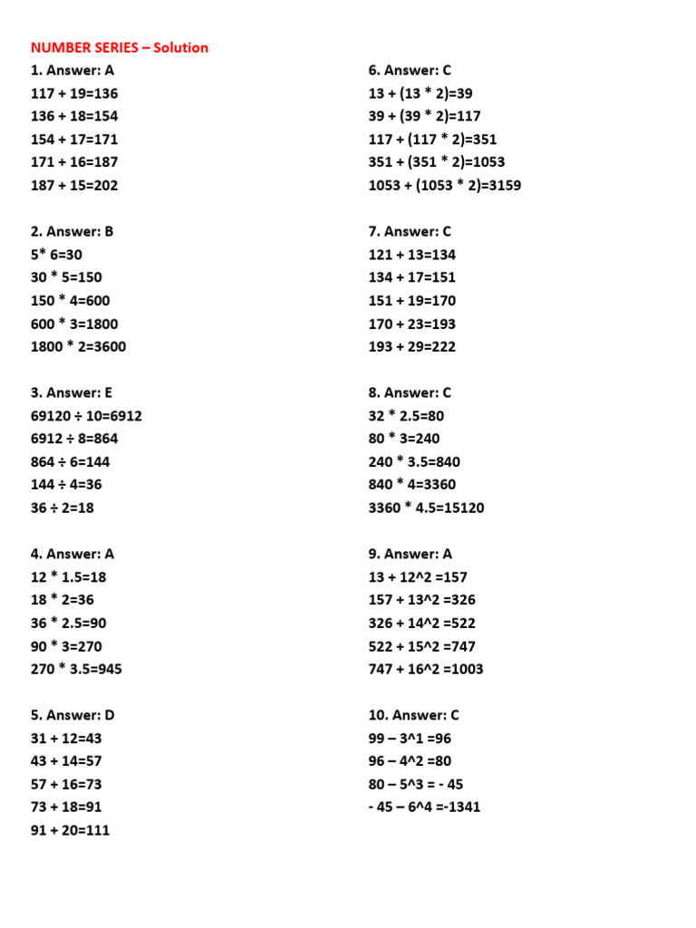 Number Series Solutions and Answers | PDF