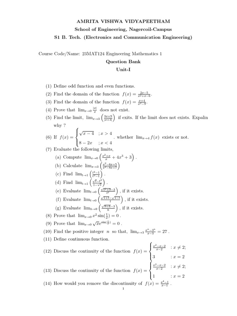 23MAT124 Question Bank | PDF | Analysis | Mathematical Analysis