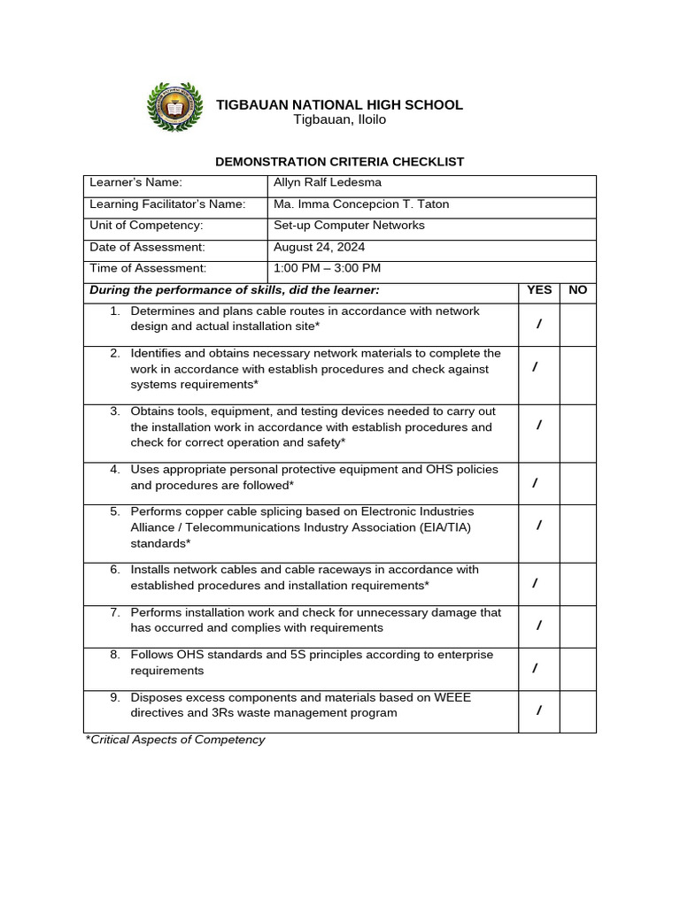 11 - Demonstrationobservation Checklist and Oral Questioning | PDF ...