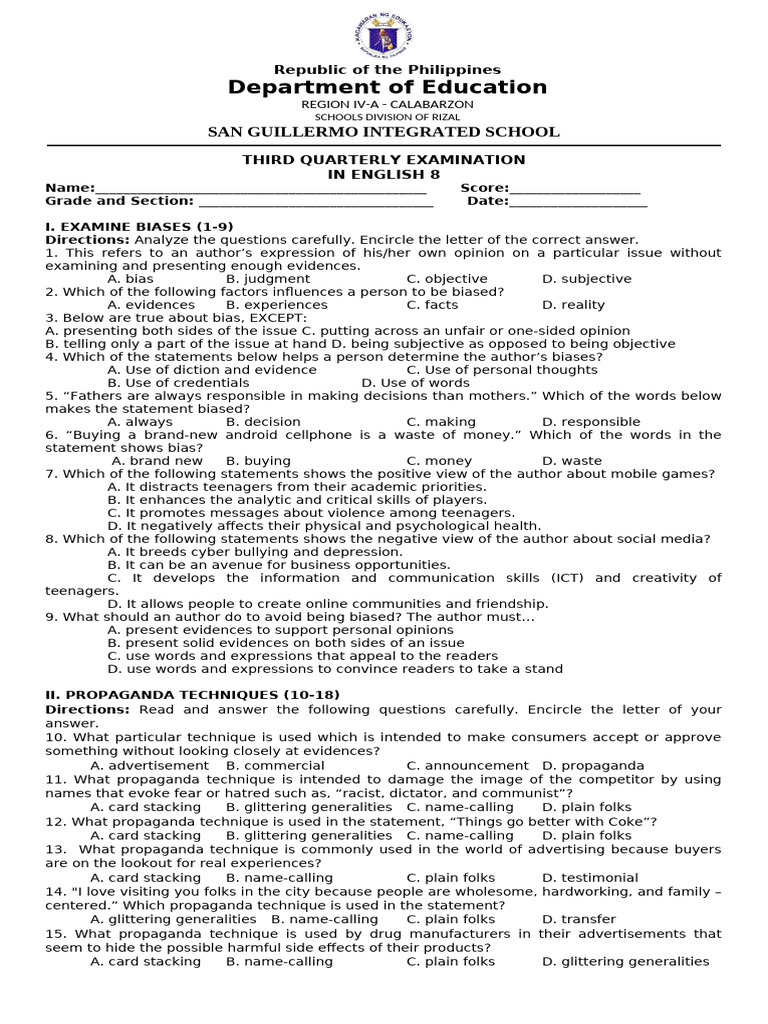 Q3-EXAM IN ENG.8 | PDF | Bias | Propaganda