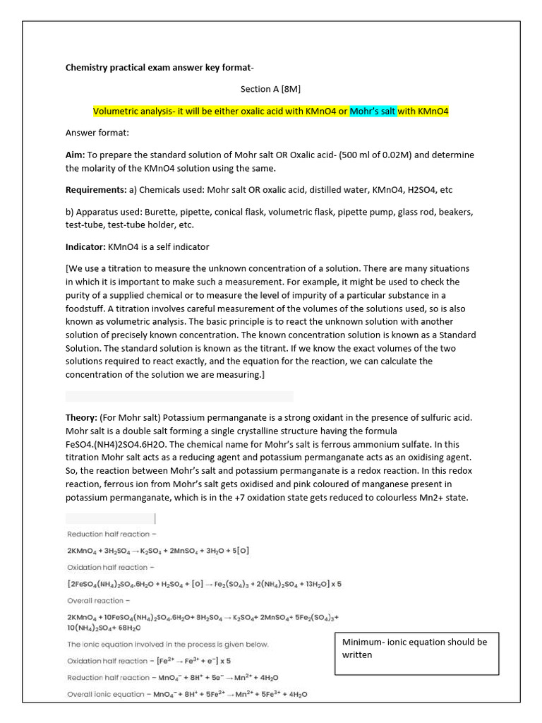 G12 Chem Practical Board Exam Answer Key Sample | PDF | Titration ...