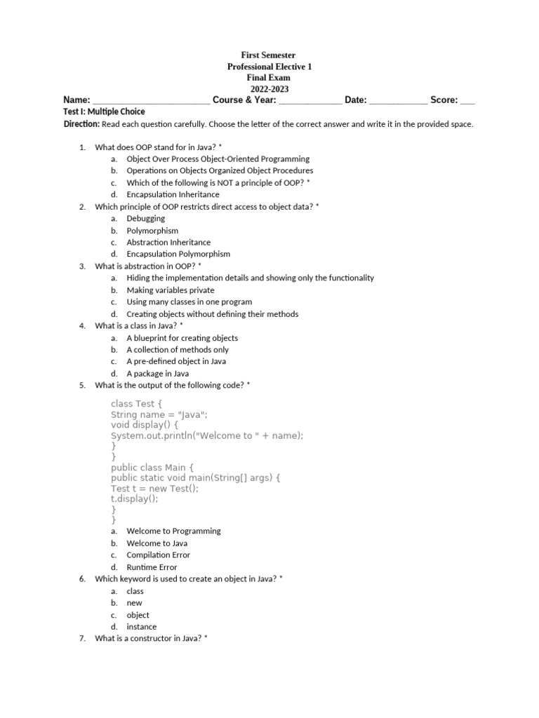 Final Exam Oop Pdf Method Computer Programming Class Computer Programming