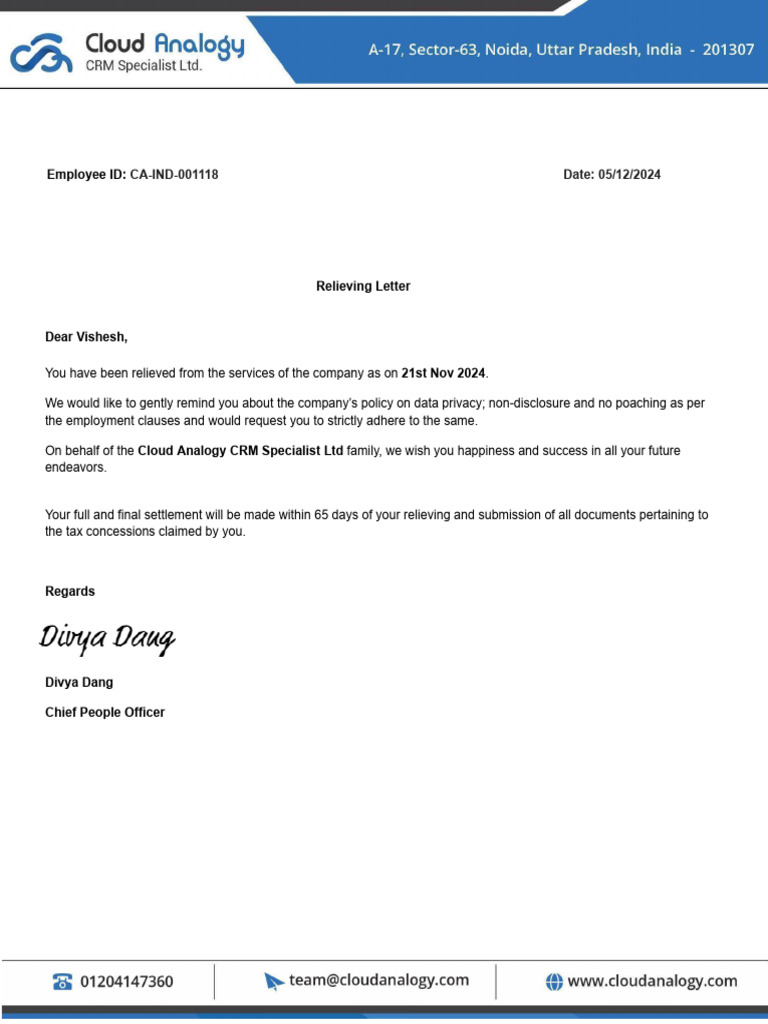 Relieving Letter - Vishesh Mishra | PDF
