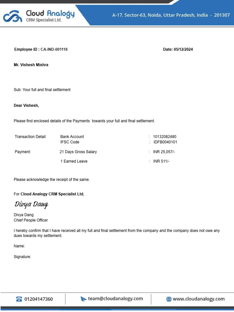 Full and Final Settlement Details | PDF