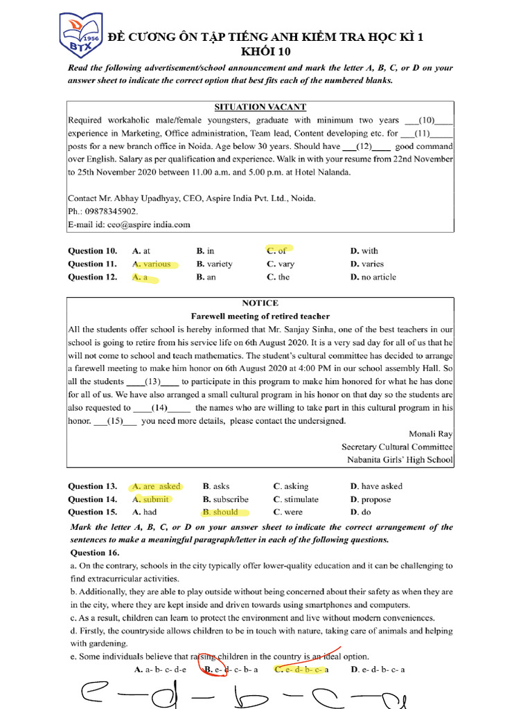 De Cuong On Tap hk1 Khoi 10 de Cuong | PDF
