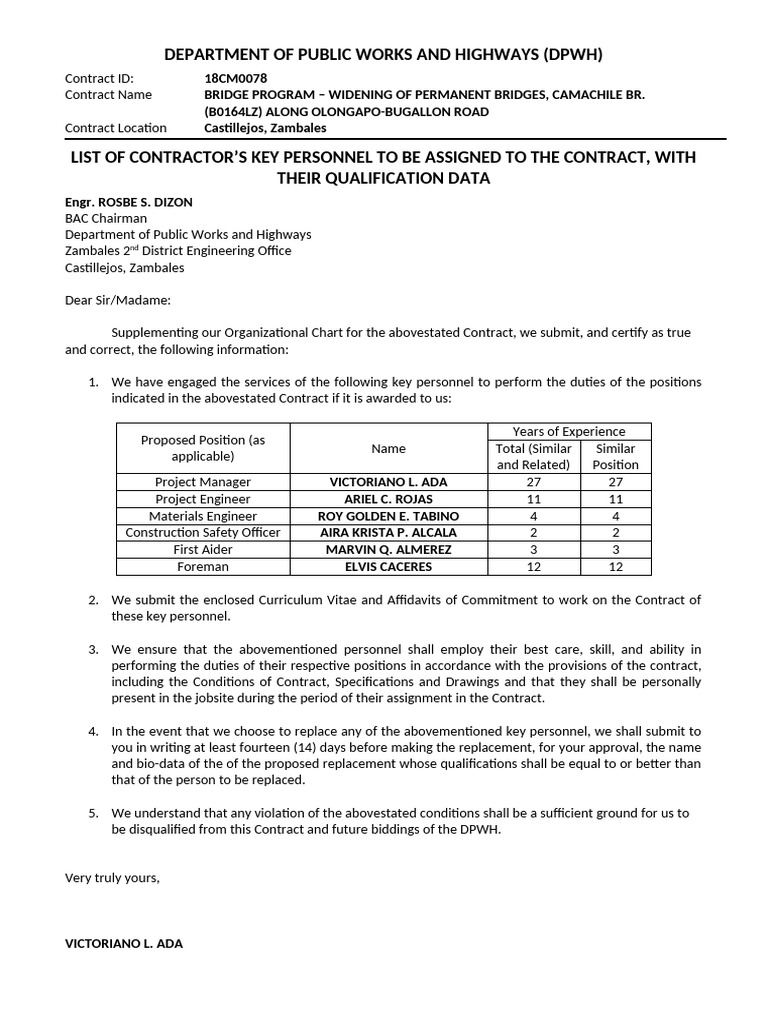 Key Personnel for DPWH Bridge Project | PDF