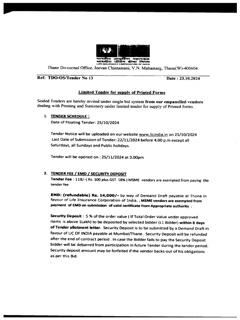 Tender No. 13 PRINTED FORM | PDF