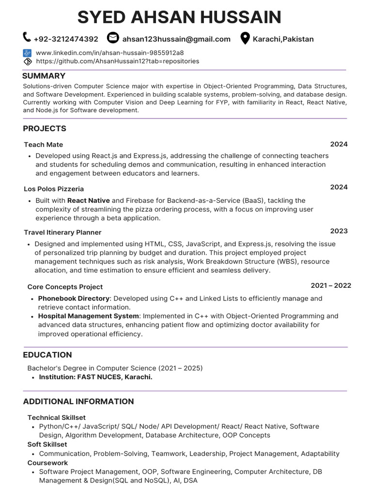 Ahsan Hussain Resume | PDF | Object Oriented Programming | Project Management