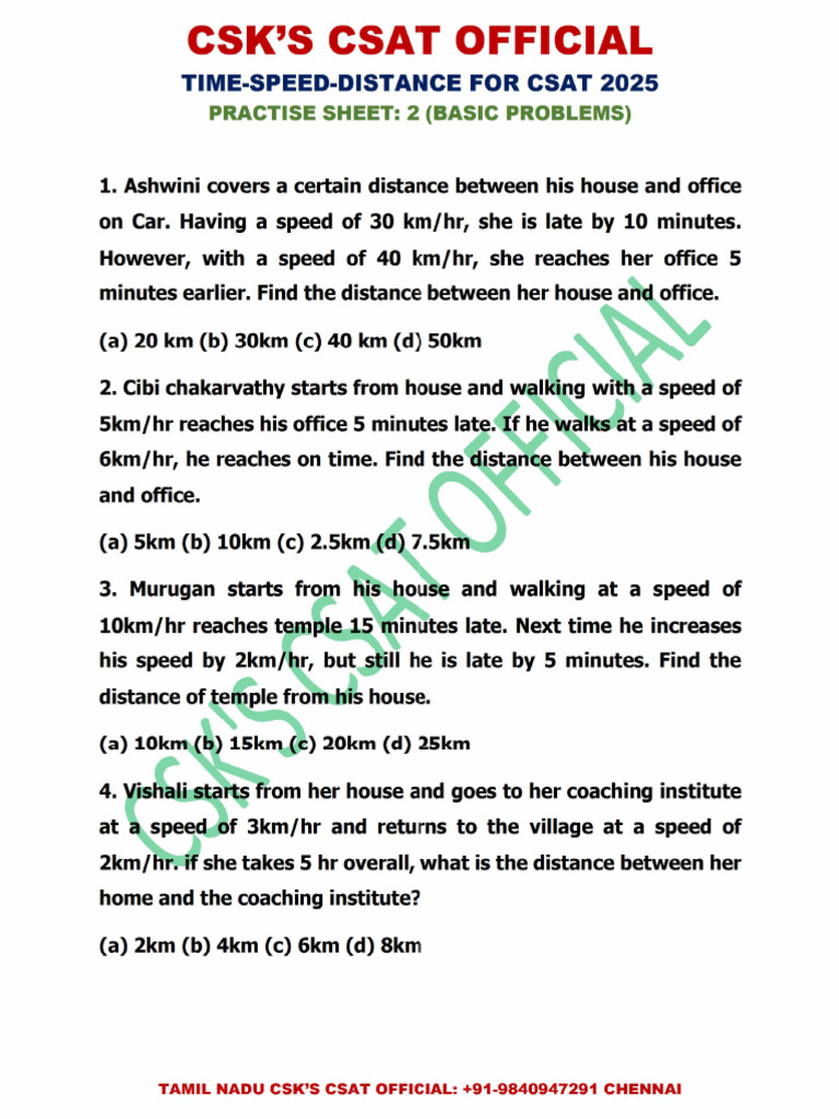 Time Speed Distance Practise Sheet 2 | PDF