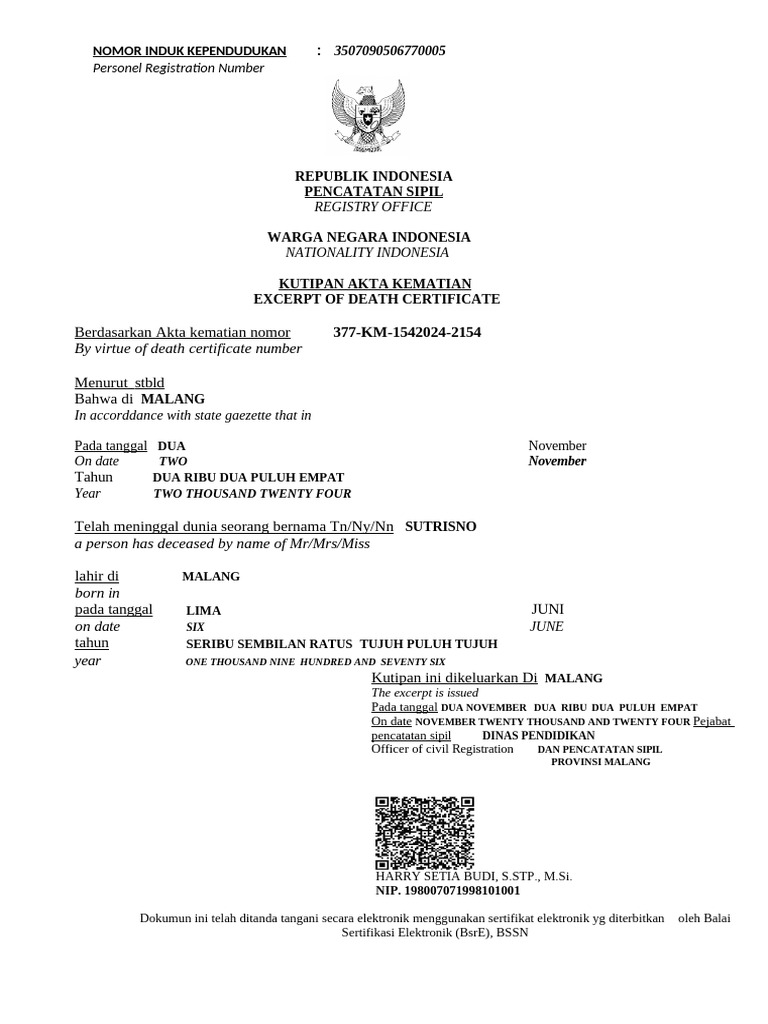 Kutipan Akta Kematian Sutrisno | PDF