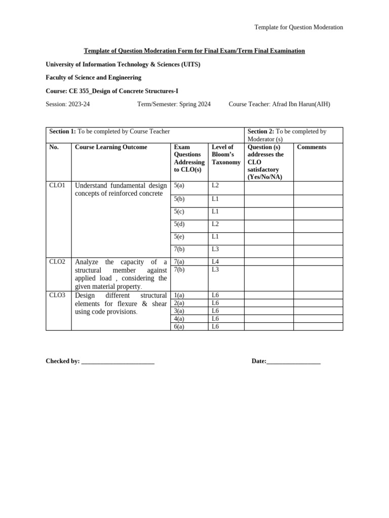 Question Moderation Template for CE 355 | PDF
