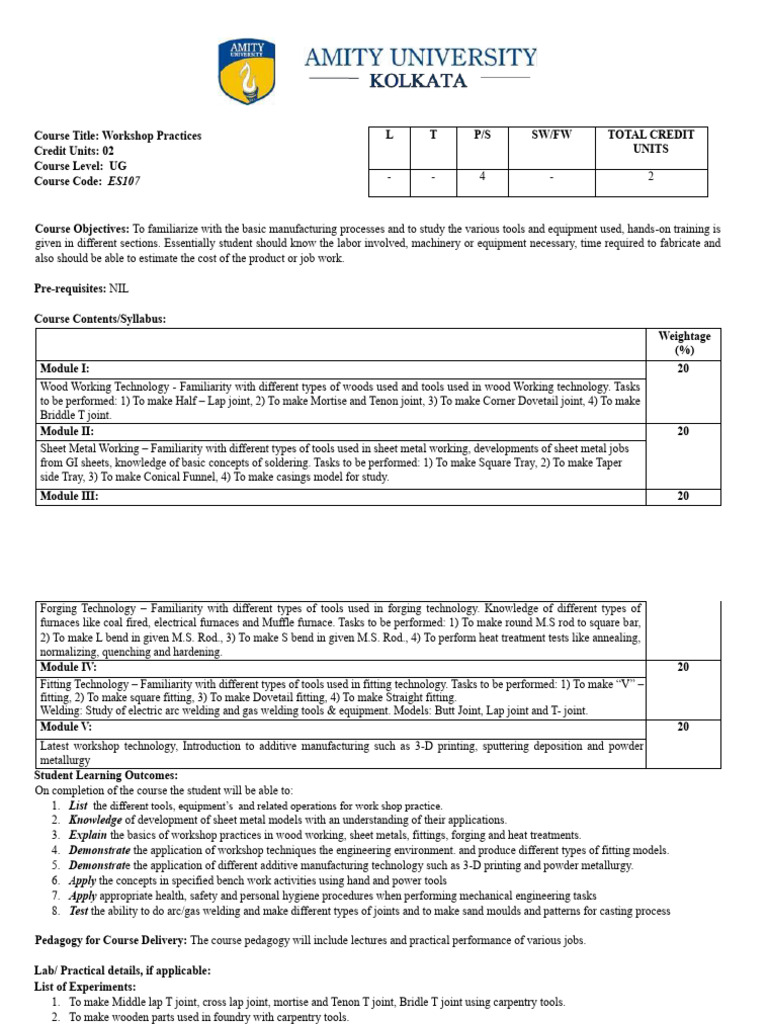 Workshop Practices Syllabus | PDF | Welding | Construction