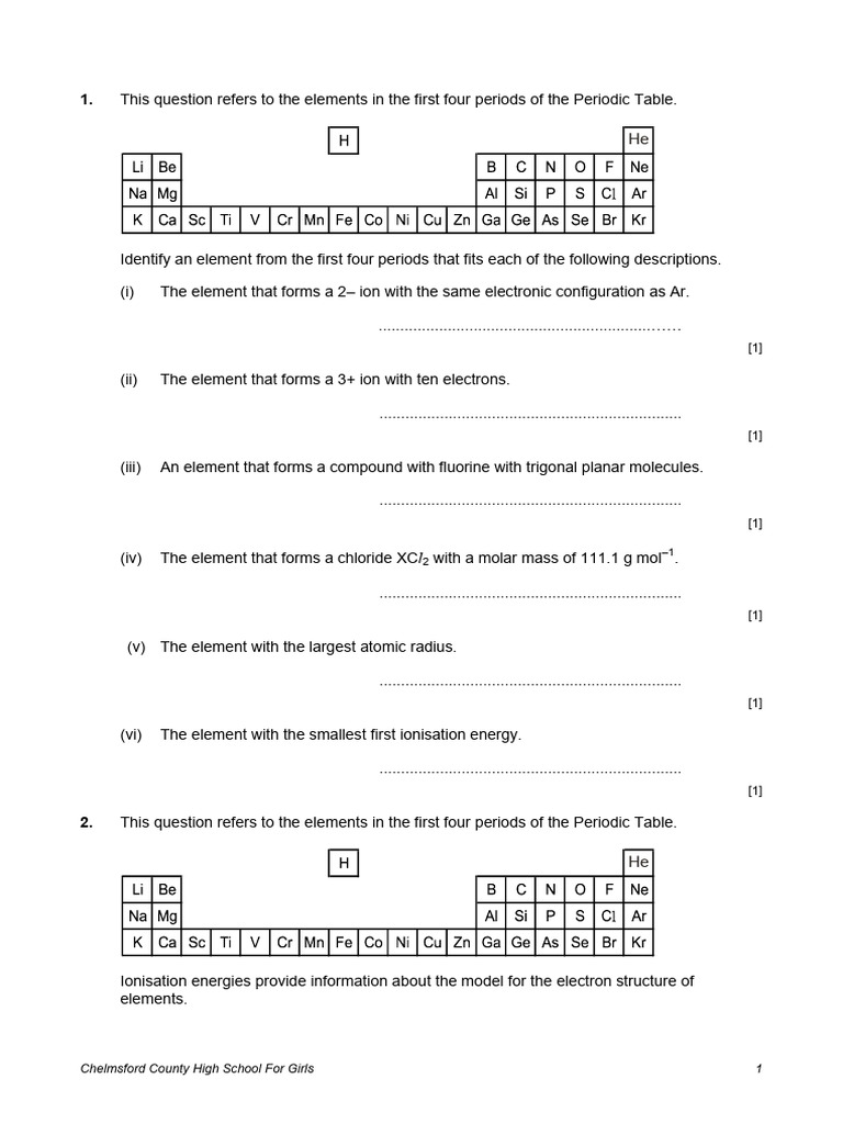 2 Periodicity Homework Questions | PDF | Periodic Table | Ionization