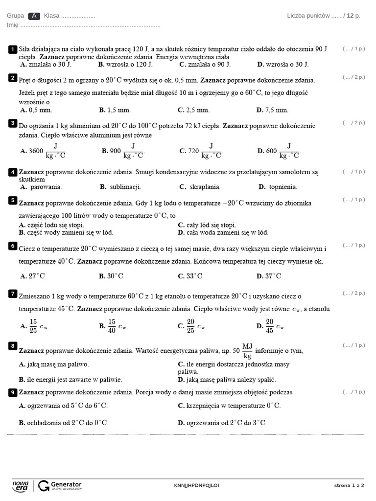 Test 1. Termodynamika Test - Ekowydruk | PDF