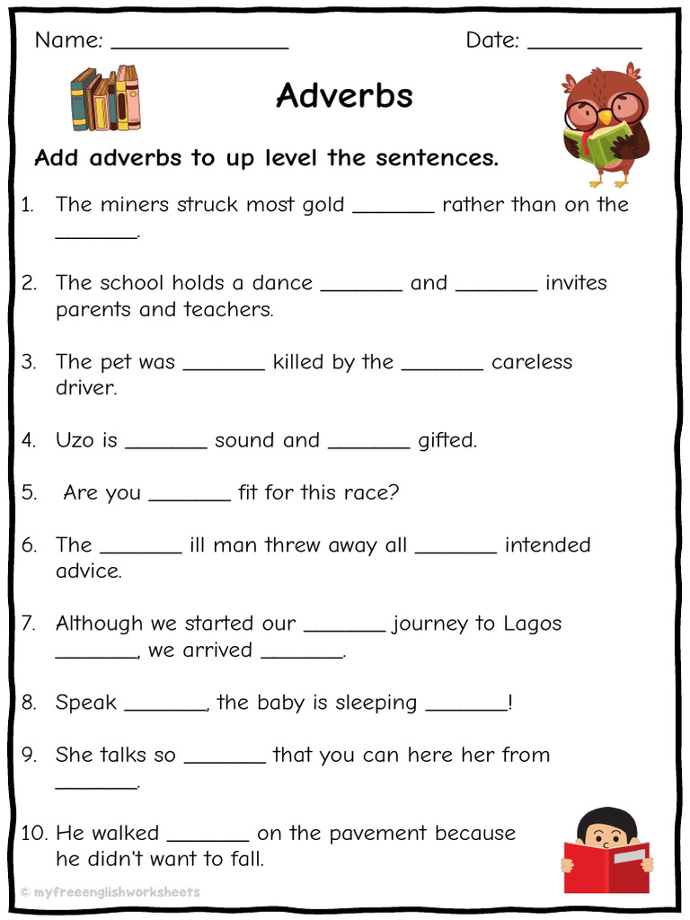 Adverbs Worksheet 1 Add An Adverb | PDF
