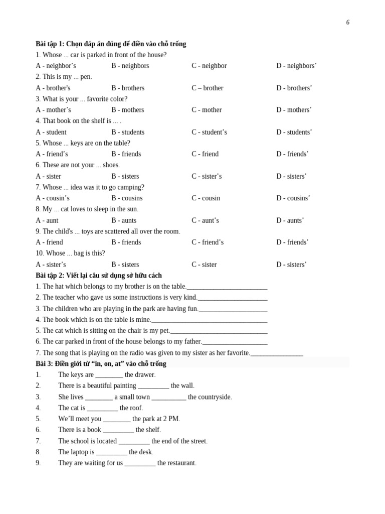 English Grammar Exercises: Possessives & Prepositions | PDF