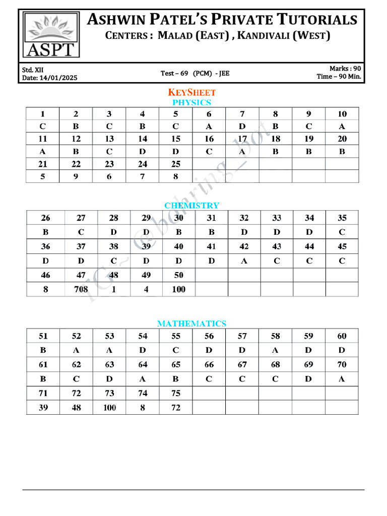 Test - 69 - JEE (PCM) - Solution | PDF
