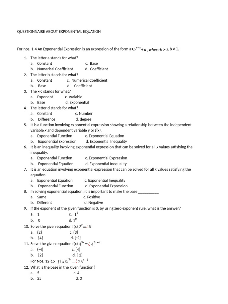 Questionnaire About Exponential Equation | PDF | Exponential Function | Equations