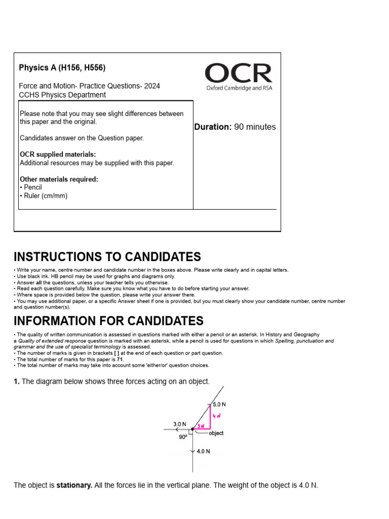 Force - and - Motion - Practice - Questions - 2024 (2 | PDF | Force | Velocity