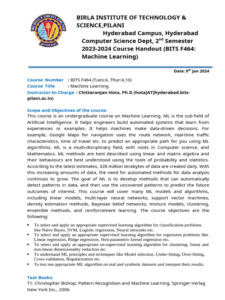 Bits f464 Machine Learning l1 | PDF | Machine Learning | Support Vector Machine
