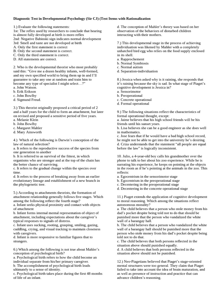 Diagnostic Test in Developmental Psychology | PDF | Adolescence ...