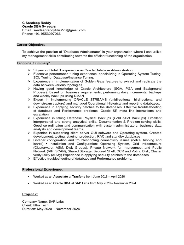 Oracle Dba Resume Of C Sandeep Reddy Pdf Databases Backup