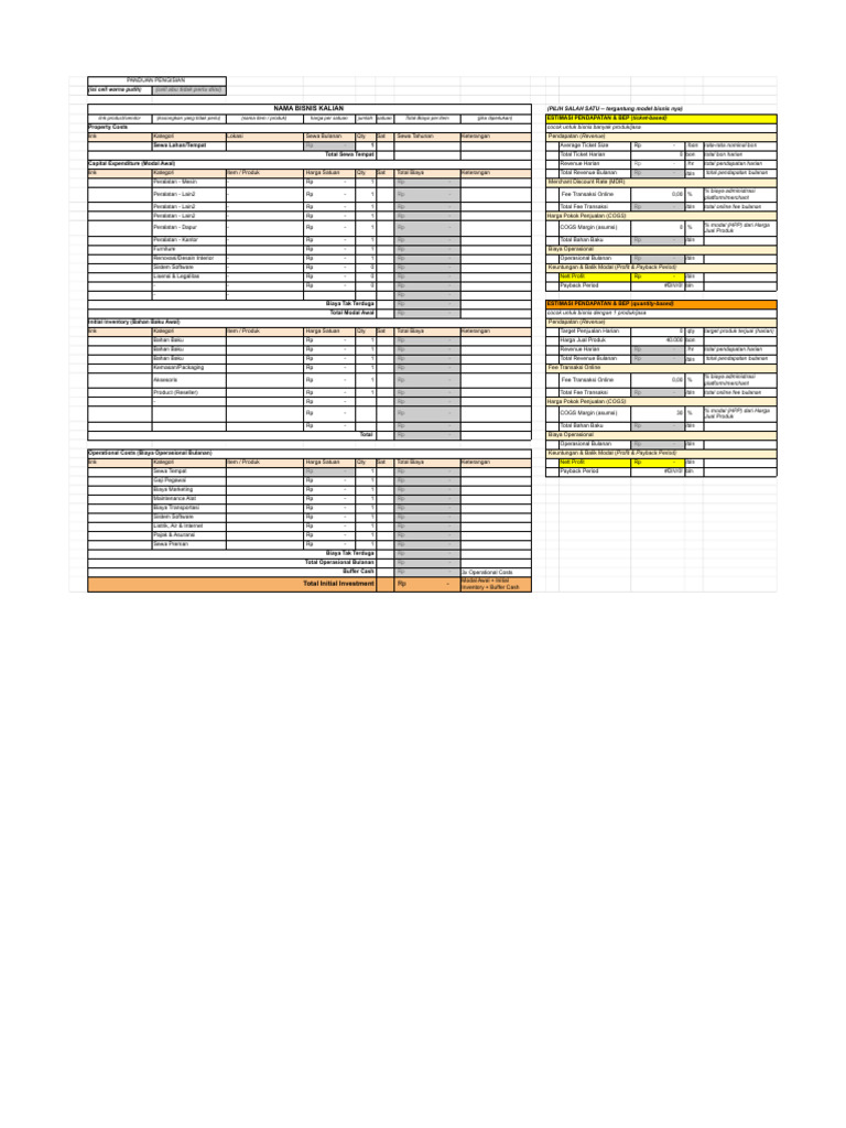 Template Estimasi Modal Bisnis Excel | PDF