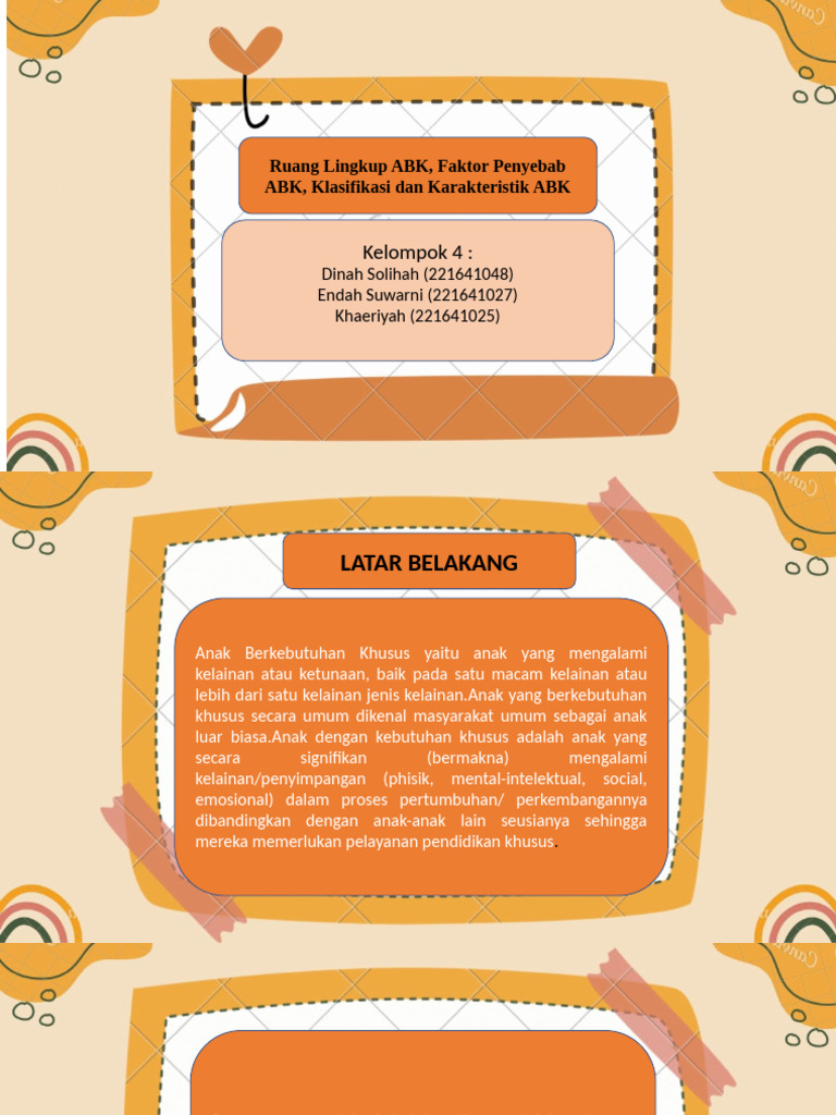 Kel 9 Ruang Lingkup ABK, Faktor Penyebab ABK, Klasifikasi Dan Karakteristik ABK | PDF