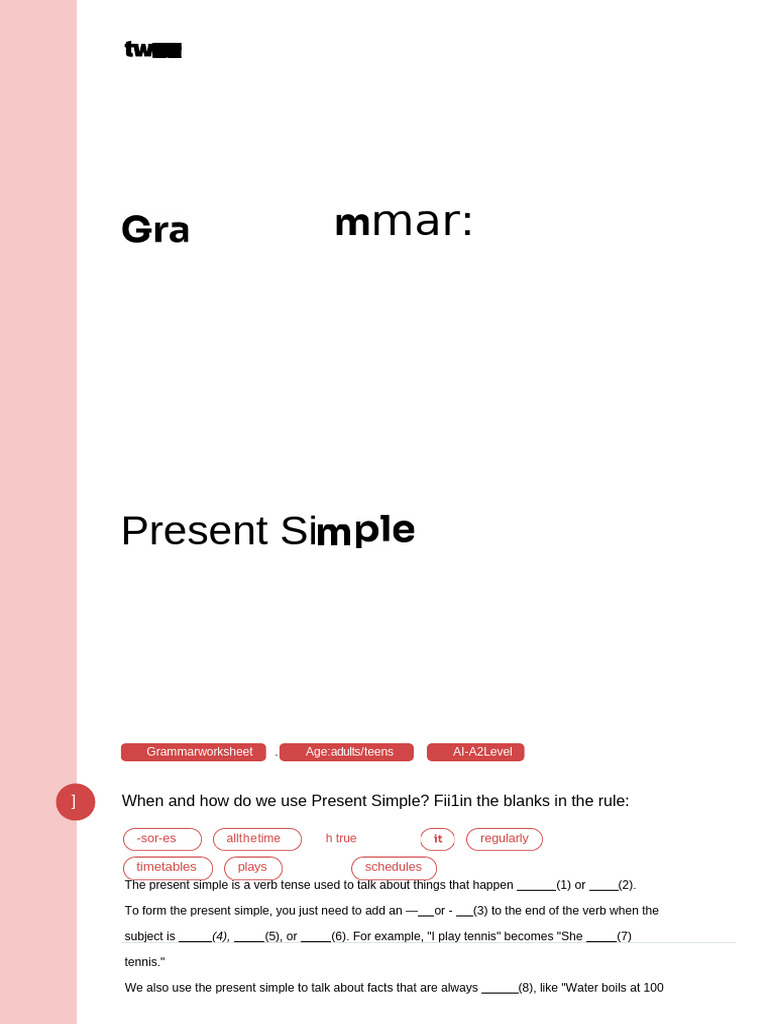 Present Simple Worksheet A1 A2 | PDF | Linguistics | Grammar