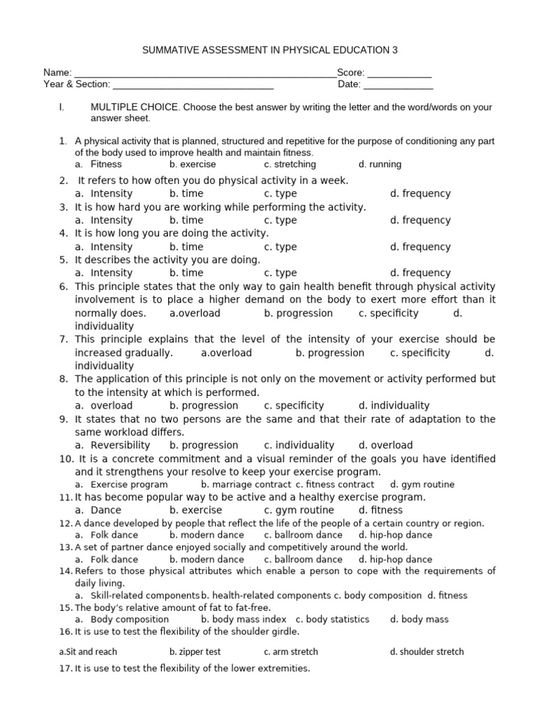 Summative Assessment in Physical Education 3 | PDF | Physical Fitness ...