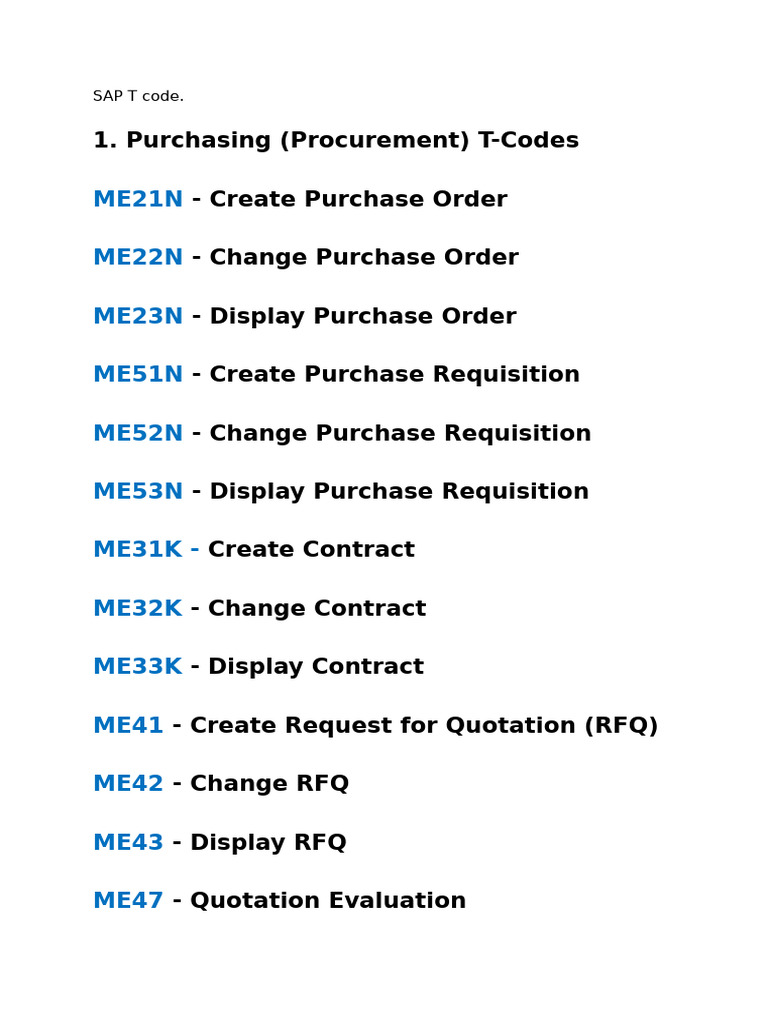 Essential SAP T-Codes for Procurement and Inventory | PDF | Receipt ...