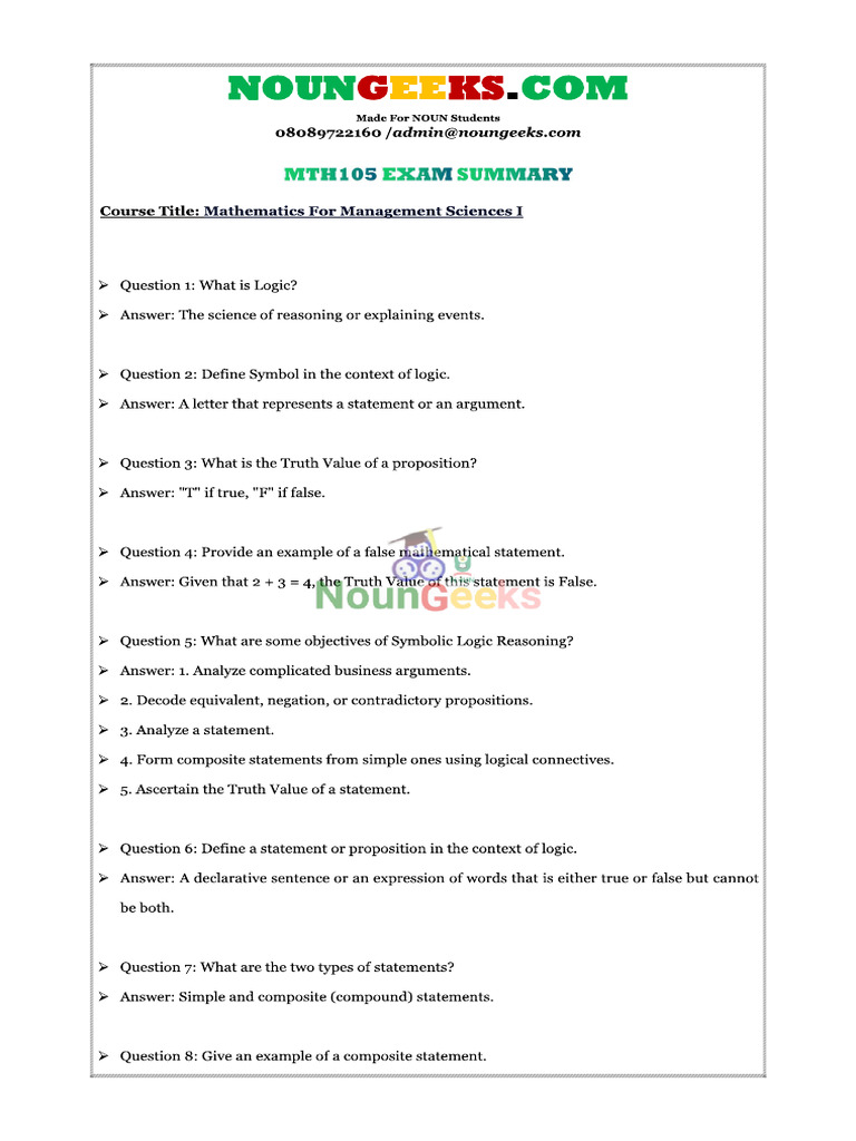Mth105 Exam Summary - Noungeeks | PDF
